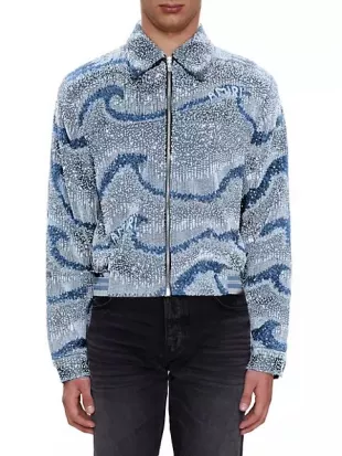 Amiri - Blue Wavy Crystal Embellished Work Jacket