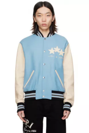 Amiri - Light Blue & White 3 Stars Varsity Jacket