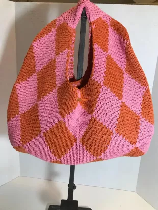 Woven Crochet Knit Handbag with Pink and Orange Diamond Patterns