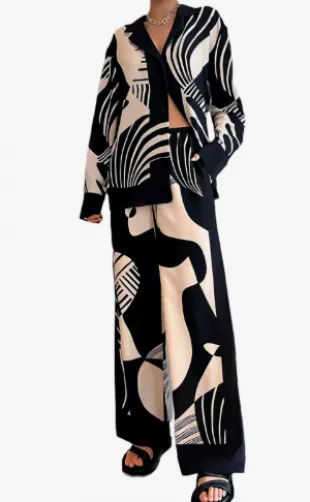 Wuitrie - Womens 2 Piece Outfits Casual Print Long Sleeve Button Down Shirt Elastic Waist Wide ...