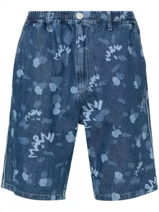 Marni - Blue Allover Drip Logo Denim Shorts