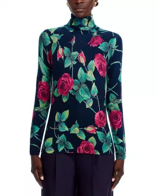 C By Bloomingdale's - Cashmere Rose Print Turtleneck Cashmere Sweater