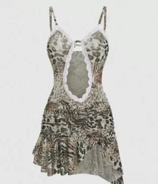 EgrlEra - Women's Leopard Print Lace Splice Hollow Out Ruffle Hem ...