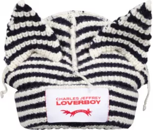 Charles Jeffrey Loverboy - White & Navy Striped Cat Ears Beanie