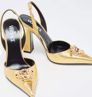 Versace - Gold Foil Leather Medusa Pointed Toe Pumps