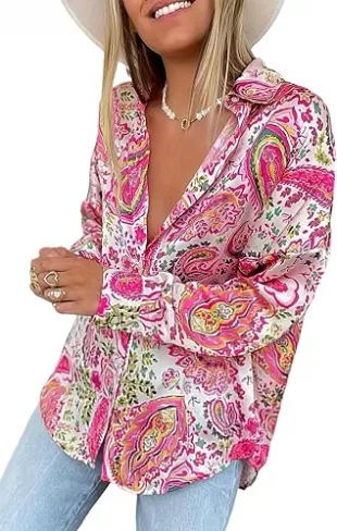 Dasimutko - Women's Casual Blouses Fall Tops Pink Floral Paisley ...