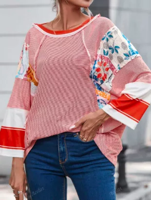 Shein - Acelitt Ladies' Striped Floral Printed Batwing Sleeve Loose Casual T-Shirt