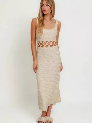 Le Lis - Square Brand Neck Cut Out Crochet Midi Dress