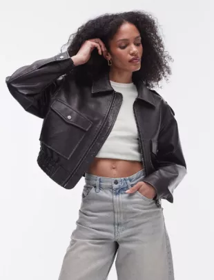 Topshop - Faux Leather Crop Bomber Jacket