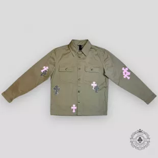 Chrome Hearts - Beige Overshirt with Pink & Checkered Cross Patches