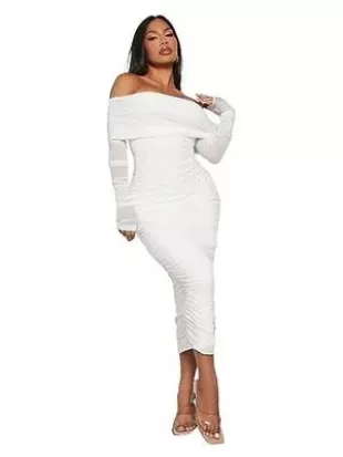 Salgoo - Off Shoulder Ruched Mesh Bodycon Long Dress