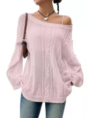 Metoes - Long Sleeve Sweaters Solid Color Round Neck Drop Shoulder Knit ...