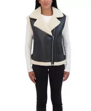 sebby collection - Moto Zip Front Faux Leather Shearling Vest