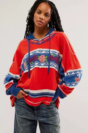Free People - Red Rose Printed Hoodie Tee