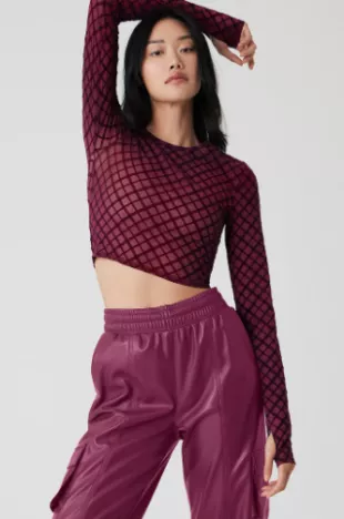 Alo Yoga - Mesh Plaid Cropped Long Sleeve Top