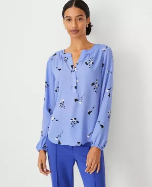 Ann Taylor - Floral Shirred Split Neck Popover