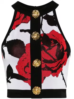 Balmain - Rose-Jacquard Crop Top