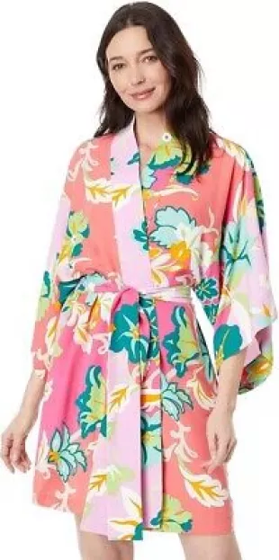 Natori - Marbella Robe Women's M Pink Floral Belted 3/4 Kimono Sleeve Wrap