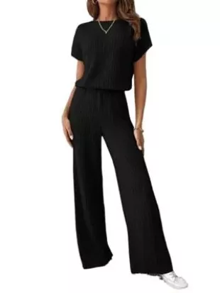 raiser - Black Ribbed Knit Short Sleeve Wide Leg Jumpsuit