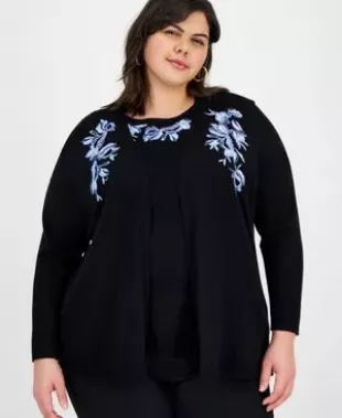 kasper - Embroidered Open-Front Cardigan