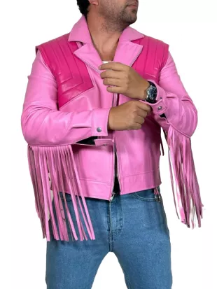 A Minecraft Movie 2025 Jason Momoa Pink Leather Fringe Jacket