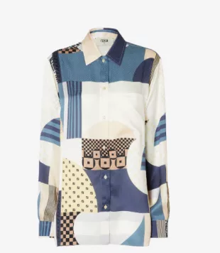 Fendi - Blue Silk Shirt with Patchwork Print