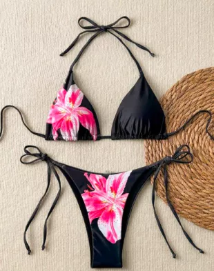Shein - Women's Floral Print Bikini Set, Tie-Up Triangle Top And Tie ...