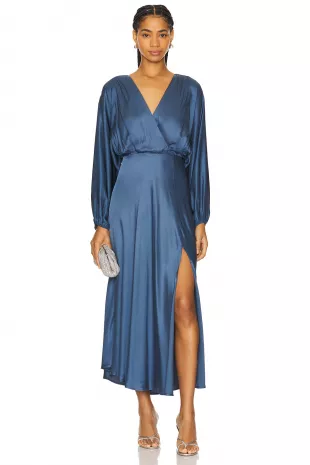 ASTR the Label - Kimiko Long Sleeve Faux Wrap Dress in Slate Blue