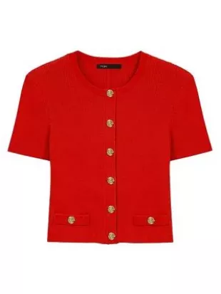 Maje - Cropped Short Sleeve Cardigan with Gold Buttons