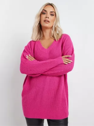 Yours Curve - Pink V Neck Drop Shoulder Jumper