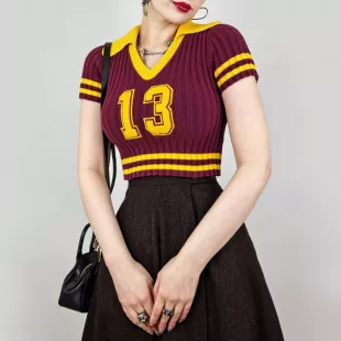 Fenty Pma By Rihanna - Maroon Yellow Johnny Collar Varsty Crop Sweater Top