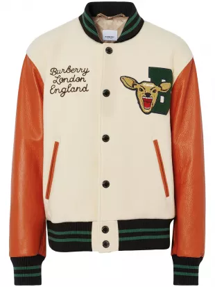 Burberry - Ivory & Orange Deer Patch Varsity Jacket
