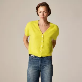 J. Crew - Brushed Cashmere Short-sleeve Cardigan in Burnished Chartreuse