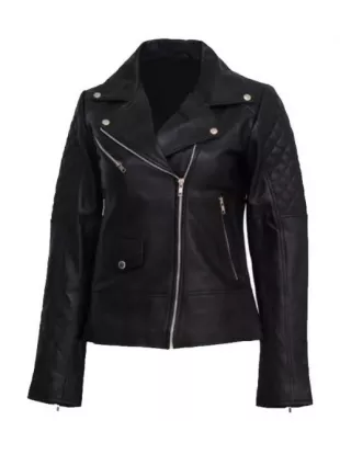 Hit Jacket - Womens Black Quilted Shoulder Leather Jacket