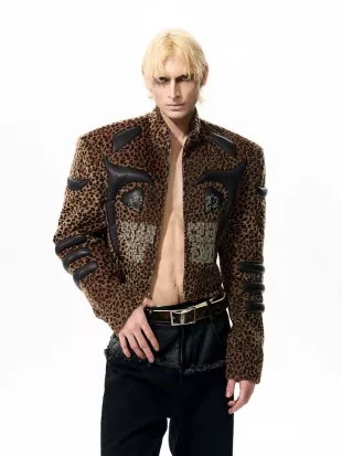 StartExceedend - Leopard Print Jacket with Black Faux Leather Applique ...