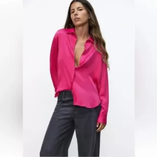 Zara - Hot Pink Button Up Satin Blouse