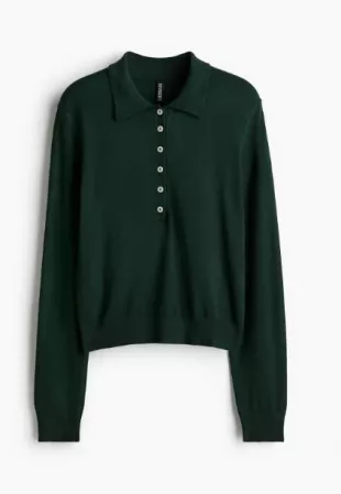 H&M - Long-Sleeved Polo Shirt in Dark Green