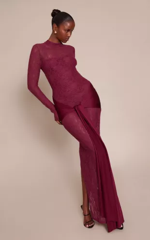 Pretty Little Thing - Plum Long Sleeve Lace Wrap Detail Maxi Dress