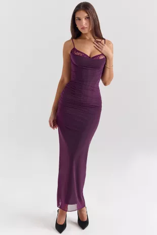 House of CB - Nalini Grape Mesh Corset Maxi Dress