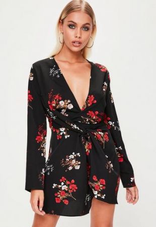 Missguided - Missguided Robe droite noire à imprimé fleuri et nœud
