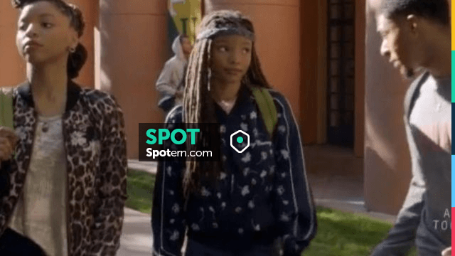 The jacket in navy blue satin, embroidered as worn by Skylar Forster ...