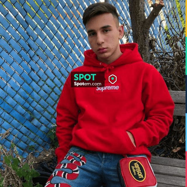 The hoodie-red Supreme box logo that is on the influencer Robert Naftali on his Instagram | Spotern
