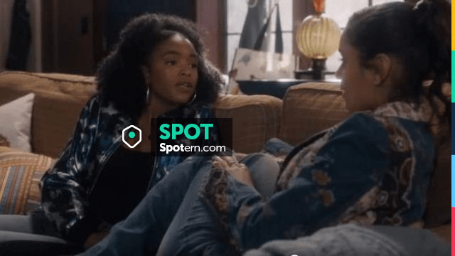 Bleu And white printed bomber jacket worn by Zora Greenleaf (Lovie ...