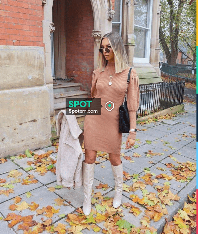 Camel High Neck Bal­loon Sleeve Knit­ted Dress of Alexx Coll on the ...