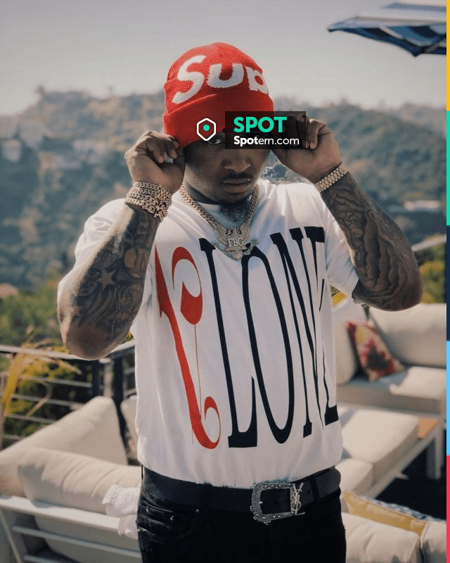 The red cap Supreme logo worn by Doe Beezy on the account Instagram of ...