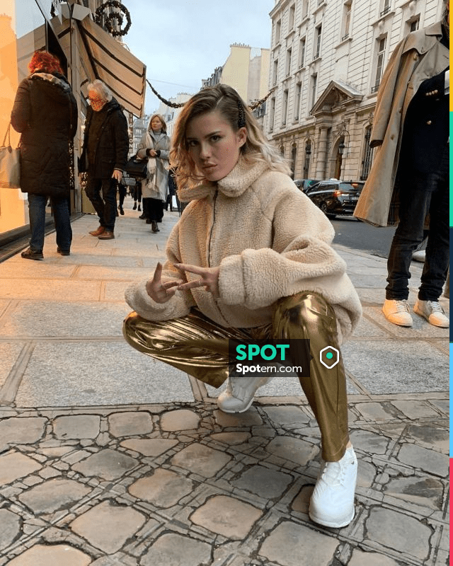 Pants in imitation leather gold worn by Just Zoe's account on the ...