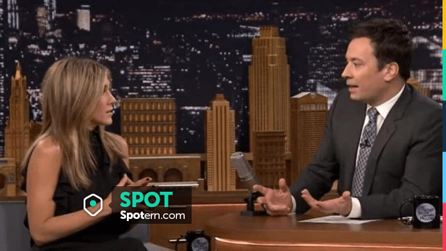 Coat, smooth black with ruffles worn by Jennifer Aniston on The Tonight ...