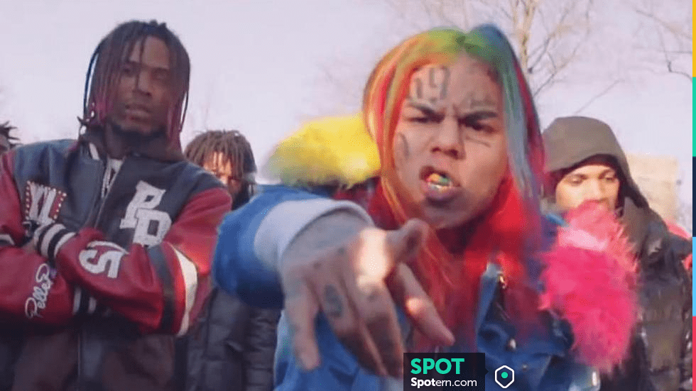 Blue Hoodie Jacket with multicolor fur worn by 6ix9ine as seen in Keke ...