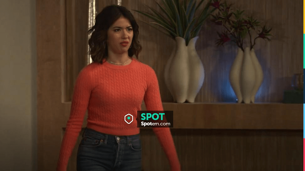 Alice + Olivia Ciara Cable Knit Sweater In Deep Coral worn by Louise ...