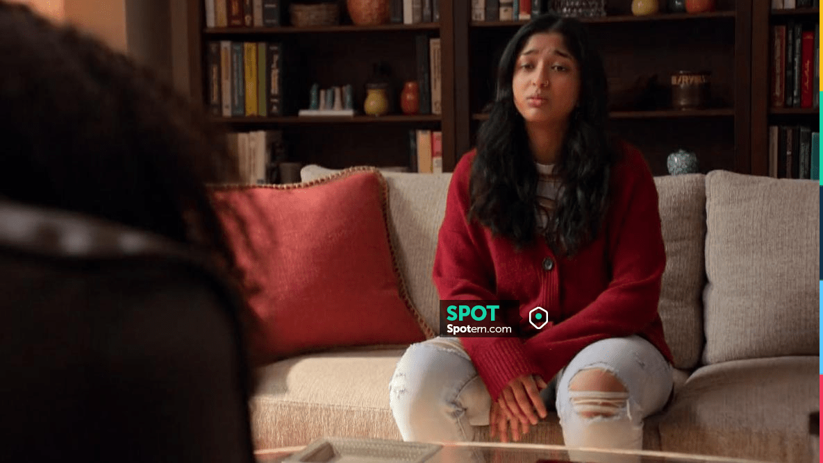 J Crew Red Cardigan worn by Devi Vishwakumar (Maitreyi Ramakrishnan) as ...